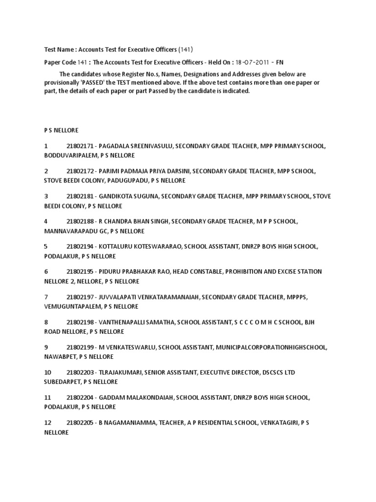Accounts Test Results for Officers | PDF | Wellness