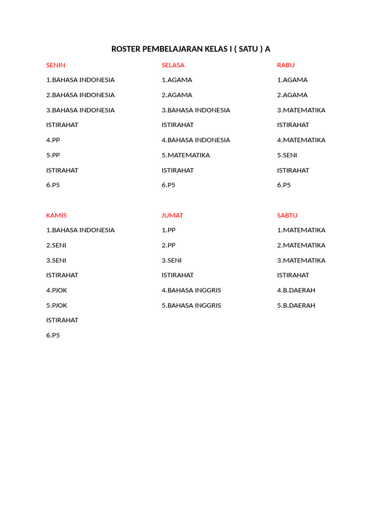 Roster Pembelajaran Kelas 1 A Mingguan | PDF