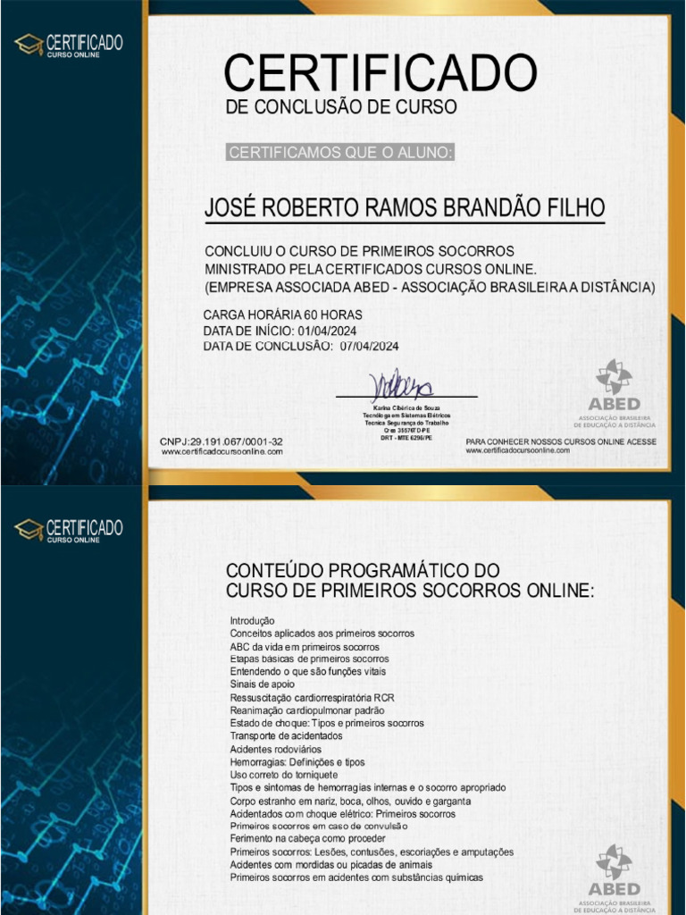 Curso de Primeiros Socorros 1 José Roberto R. B. Filho | PDF