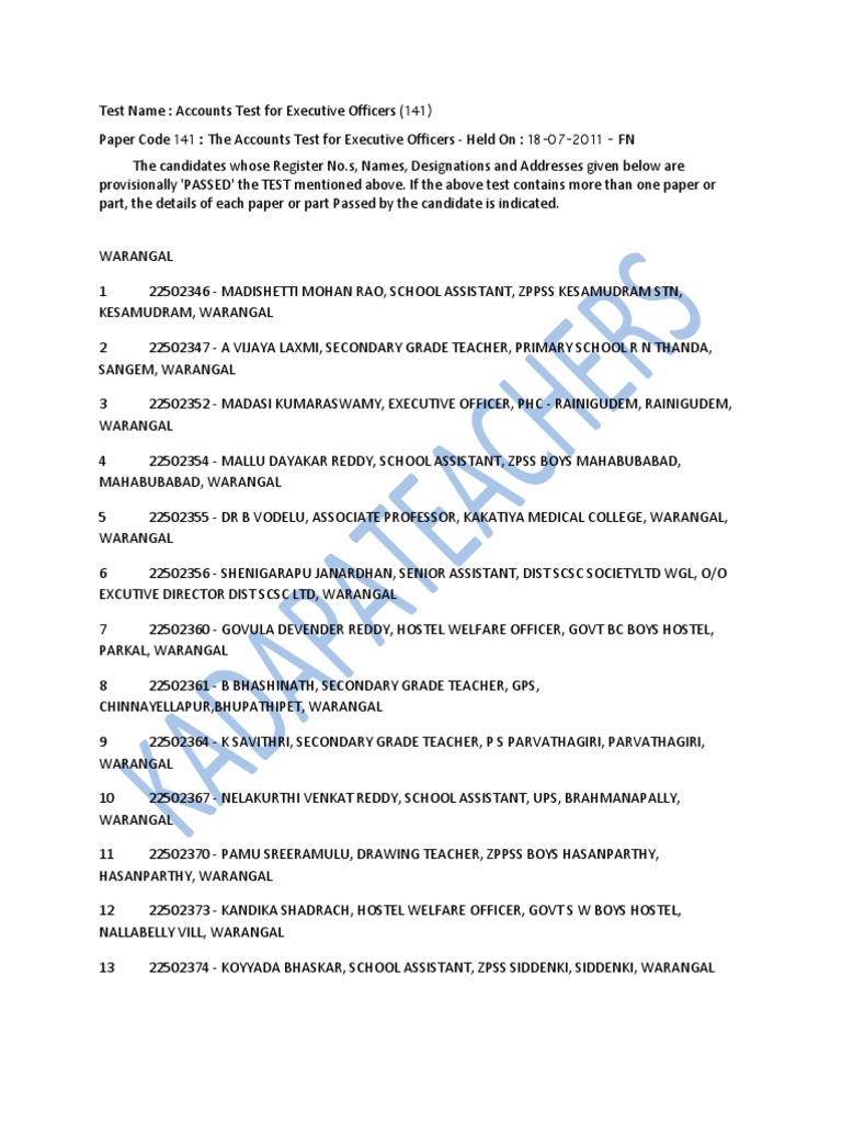 AP Dept Tests-Eo Test Held On 18-07-2011 - Results With Names-Warangal ...