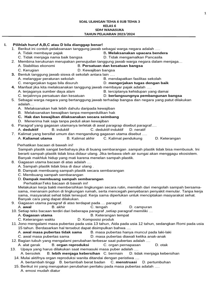 Soal Ulangan Tema 6 Sub Tema 3 | PDF
