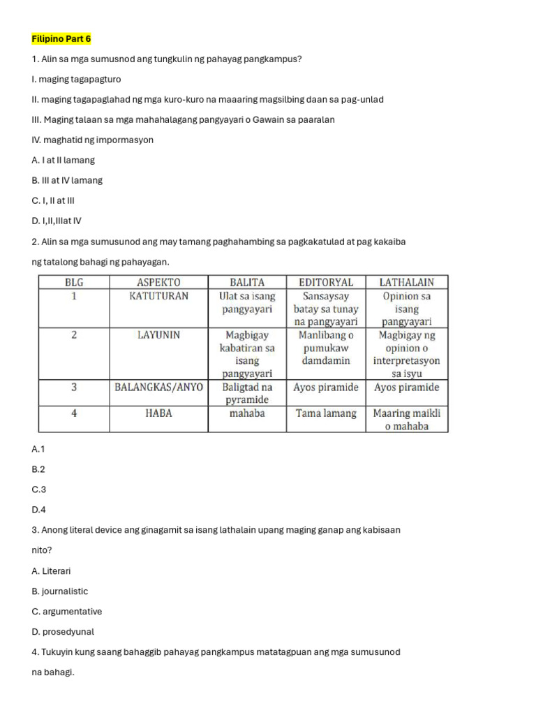 Part 6 Filipino Practice Questions | PDF