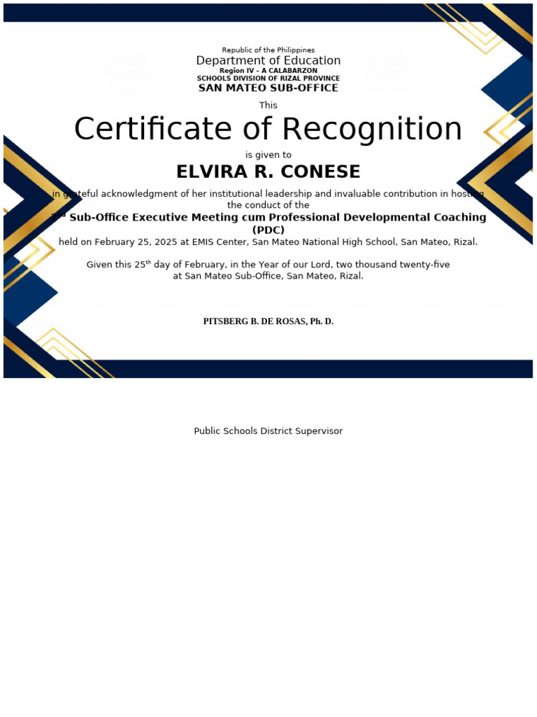 Certificate of Recognition as Host School during the 2nd Sub-Office ...