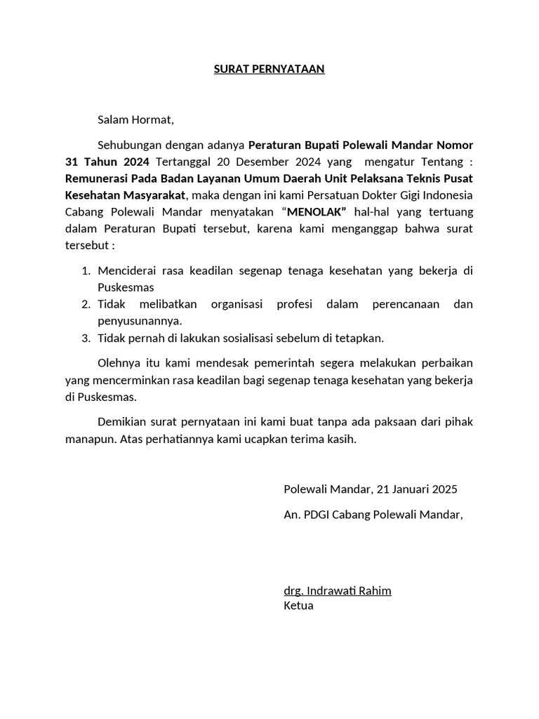 Surat Pernyataan Pdgi Cab. Polman | PDF