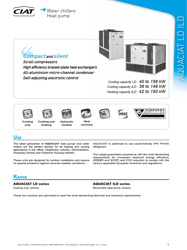 Ciat AQUACIAT2 LDH 150V Specifications | PDF | Heat Pump | Air Conditioning