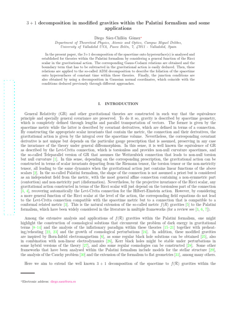 3+1 Decomposition in Palatini Gravity | PDF | Tensor | Differential ...