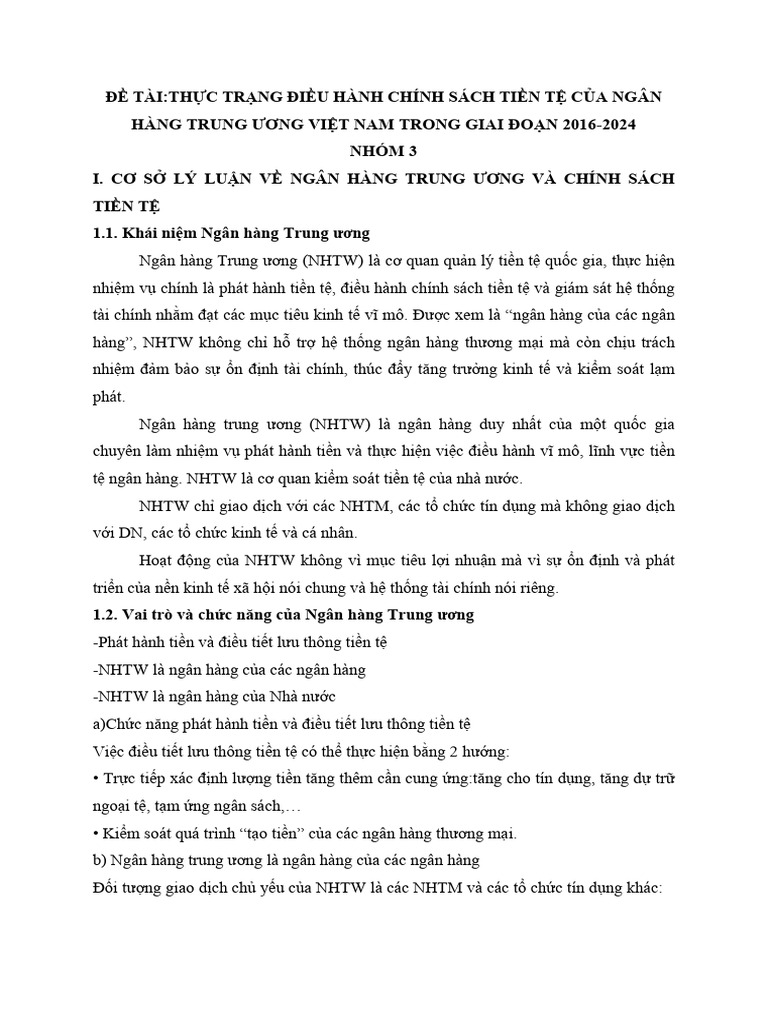 TCTT - Nhóm 3 - Thực Trạng Điều Hành Chính Sách Tiền Tệ Của Ngân Hàng Trung Ương Việt Nam Giai ...