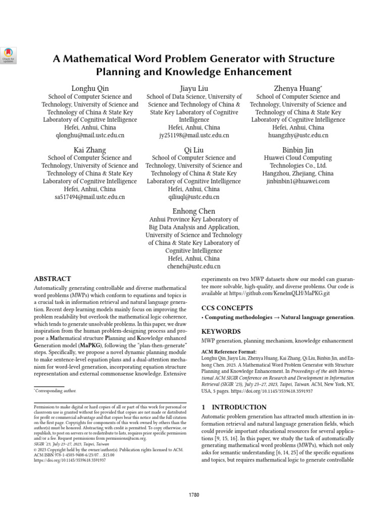 A Mathematical Word Problem Generator With Structure | PDF ...