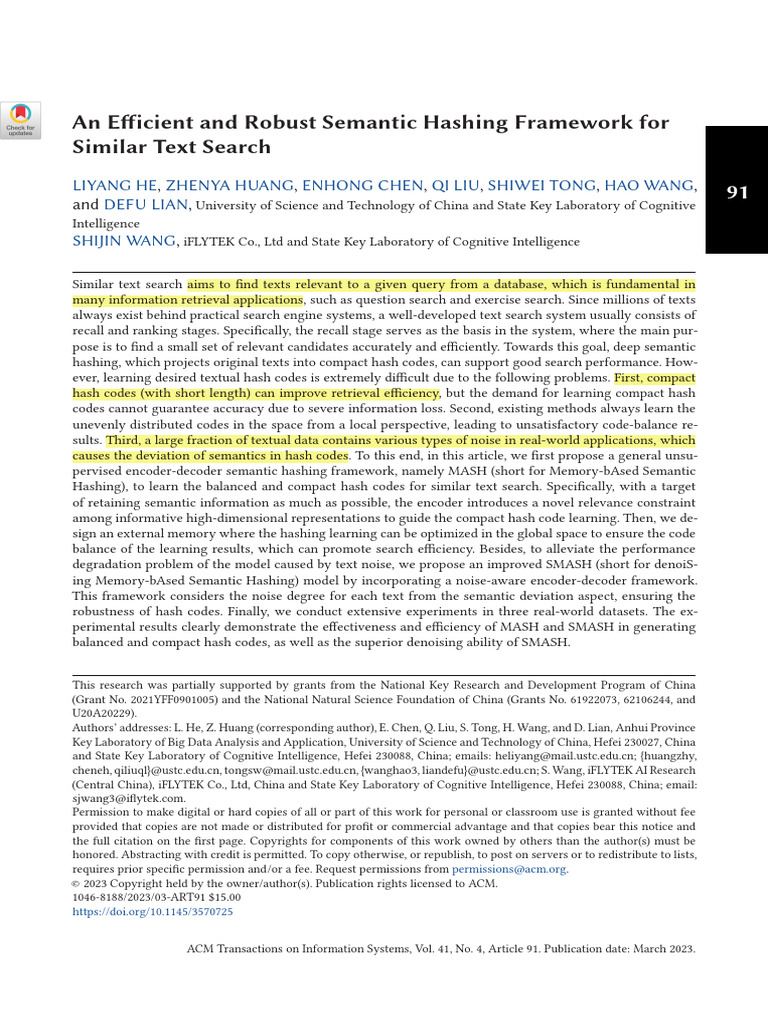 An Efficient and Robust Semantic Hashing Framework For Similar Text Search | PDF | Information ...