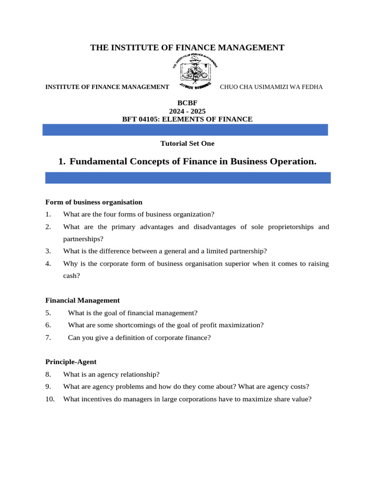 Tutorial 1 Concepts of Finance in Business Operation | PDF