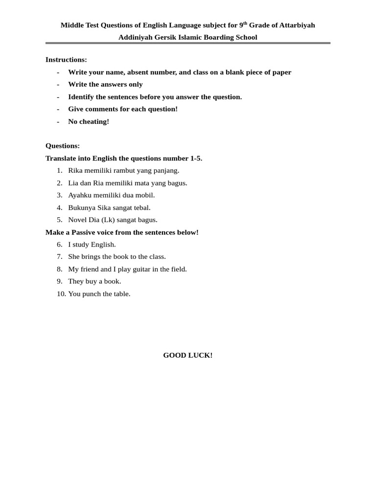 Mid Test Questions of 9th Grade | PDF
