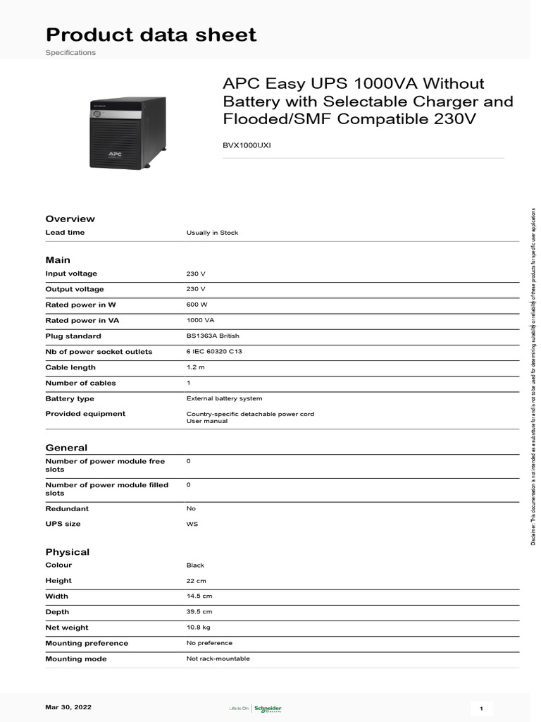 APC Easy UPS 1000VA Data Sheet | PDF | Electrical Engineering | Electronics