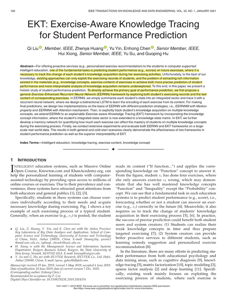 EKT Exercise-Aware Knowledge Tracing For Student Performance Prediction | PDF | Knowledge | Deep ...