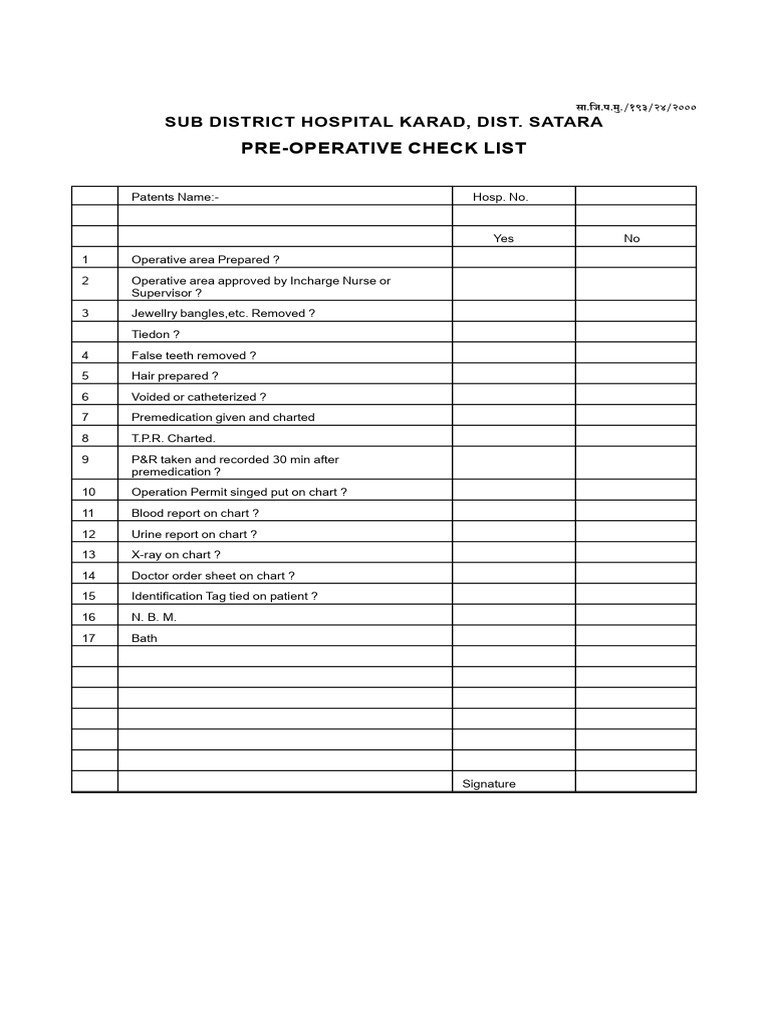 Pre-Operative Check List: Sub District Hospital Karad, Dist. Satara | PDF