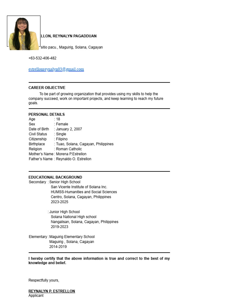 Reynalyn Estrellon Resume Summary | PDF