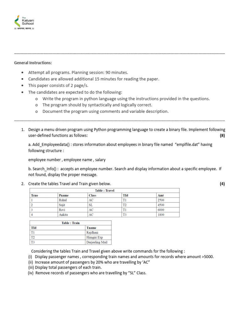 Grade 12 Practical Exam Paper - SET C - Final | PDF | Computer Program ...