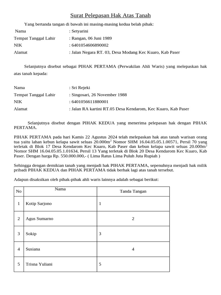 Surat Pelepasan Hak Tanah Warisan | PDF