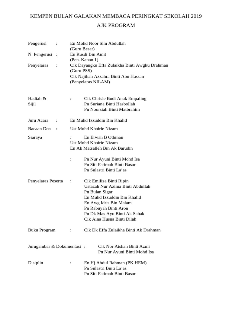 Kempen Bulan Galakan Membaca Peringkat Sekolah 2019 | PDF