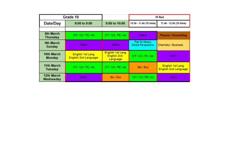 Grade 10 Weekly Class Schedule | PDF