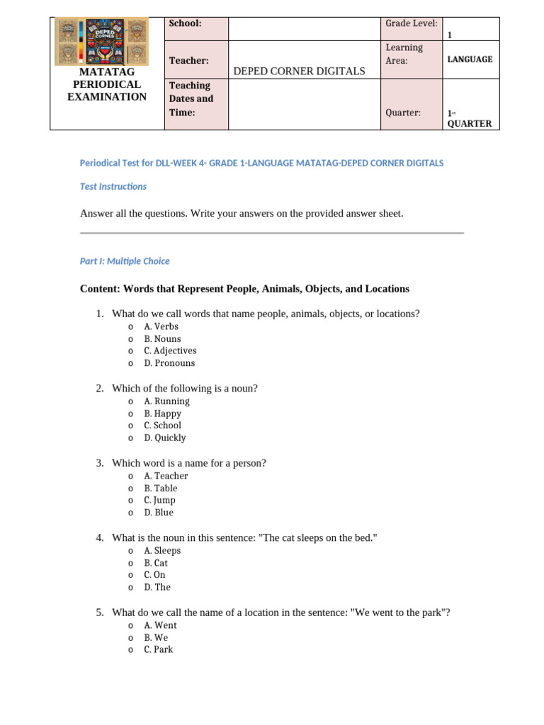 Pt-Week 4-Language - Deped Corner Digitals | PDF | Noun | Word