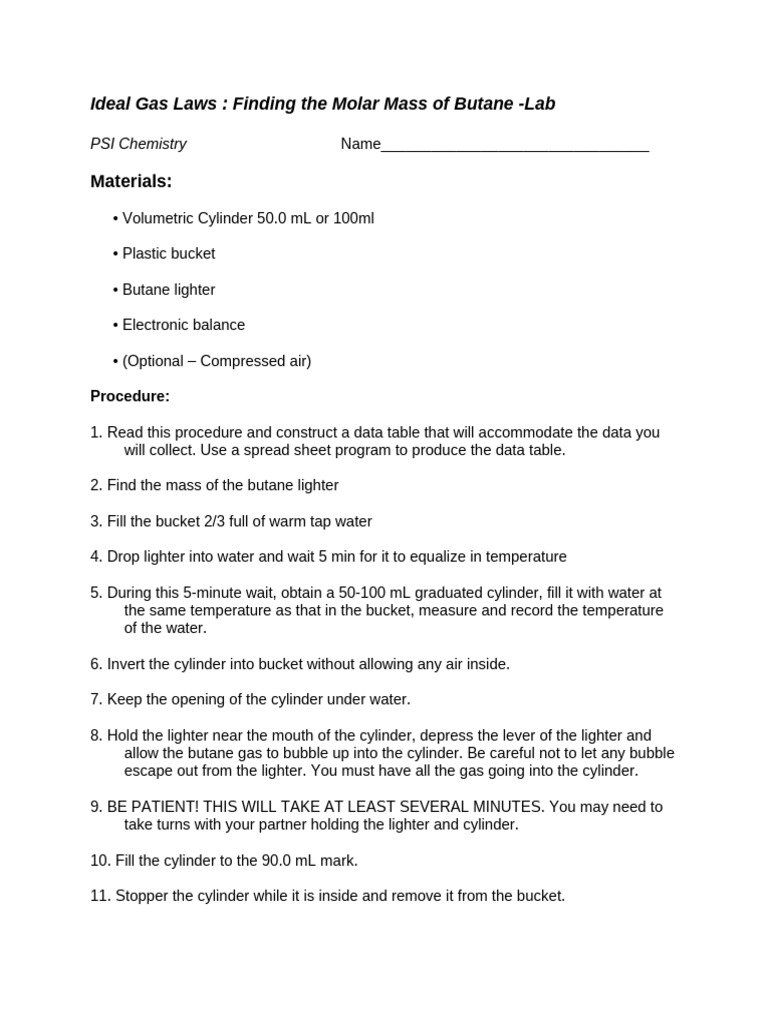 Molar Mass of Butane Lab | PDF | Gases | Weight