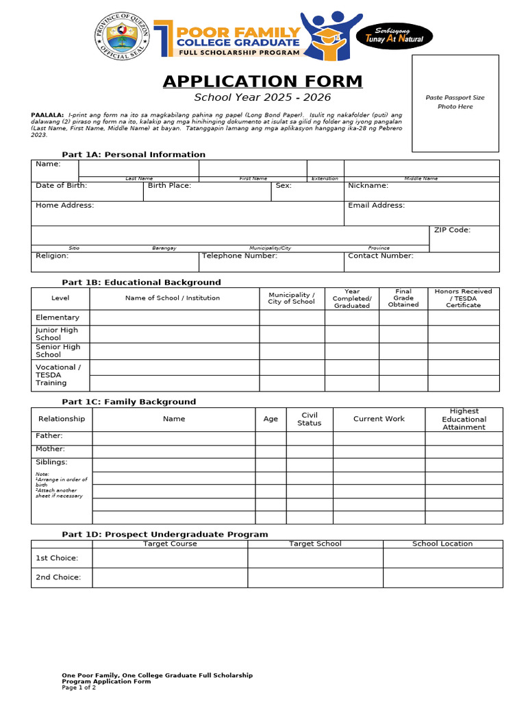 2025 Quezon's 1PF1CG Full Scholarship - Application Form | PDF