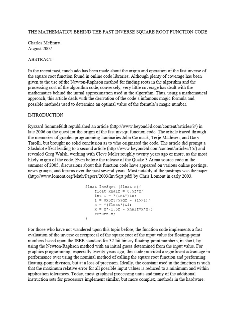 Fast Inverse Square Root Function Explained | PDF | Theoretical ...