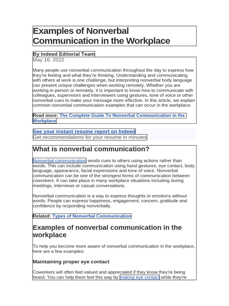 Examples of Nonverbal Communication in the Workplace | PDF | Nonverbal ...