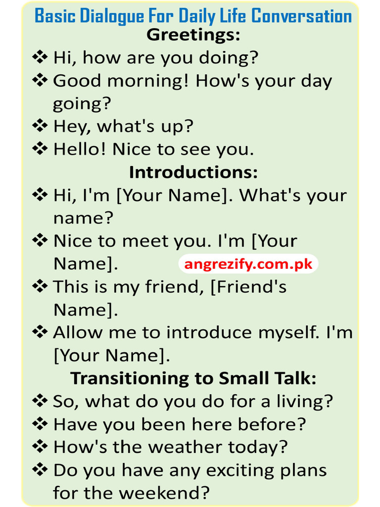 Basic Dialogue for Daily Conversation PDF | PDF