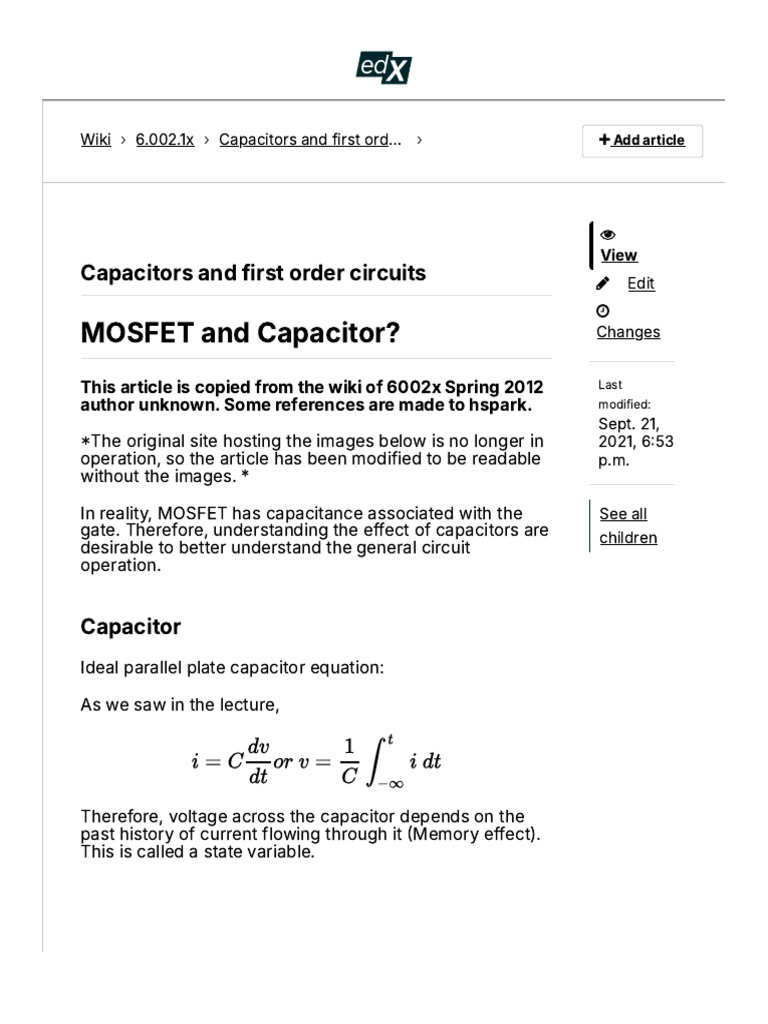 Capacitors and First Order Circuits - Wiki - EdX | PDF