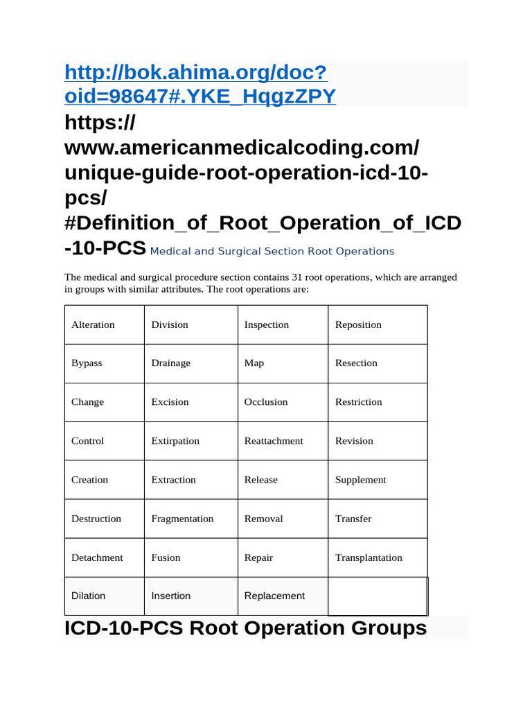 icd-10-pcs root operations | PDF | Coronary Artery Bypass Surgery | Surgery