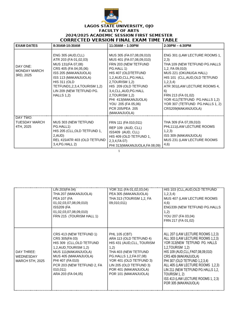 Corrected Version (Final Exam Time Table) First Semester 2024 2025 ...