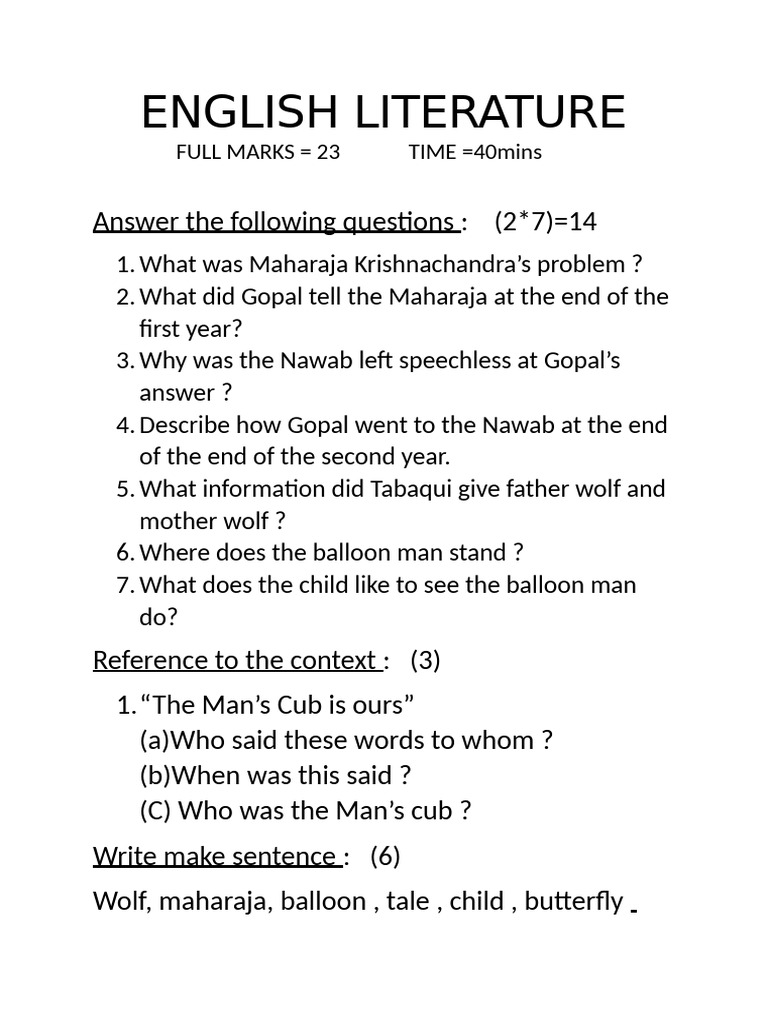 English Literature Exam Questions | PDF