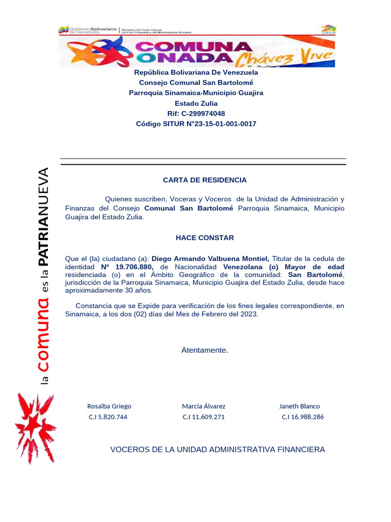 CARTA DE RESIDENCIA LOS ROBLES | PDF