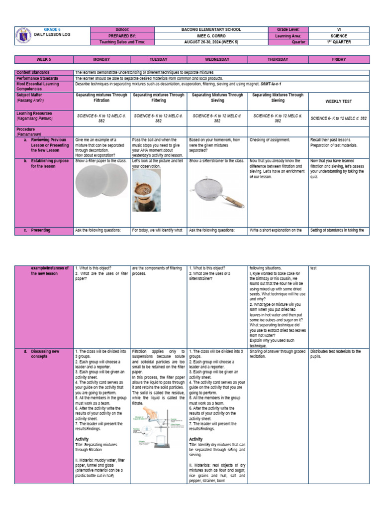 DLL - Science 6 Week 5 - Q1 | PDF | Filtration | Mixture