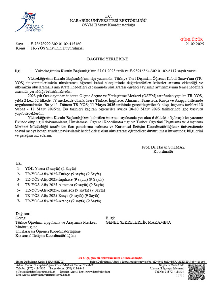 TR-YOS Sinavinin Duyurulmasi | PDF