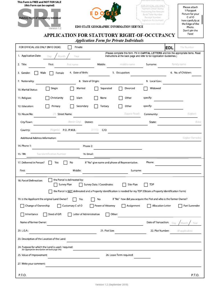 Edo State Statutory Right of Occupancy Form | PDF