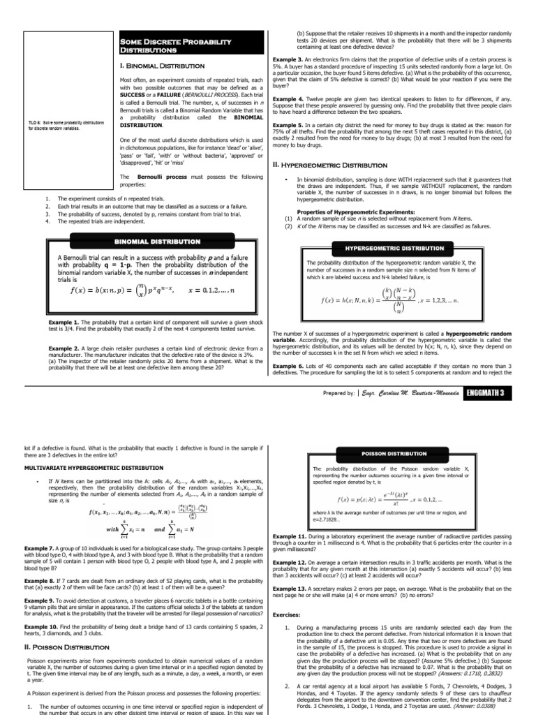 EnggMath 3 Handout No. 5 (Some Discrete Probability Distributions) | PDF | Probability ...