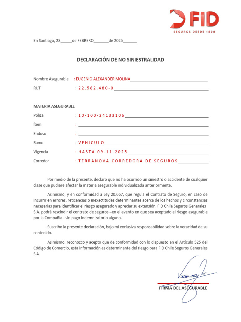 Carta Declaración de No Siniestralidad | PDF