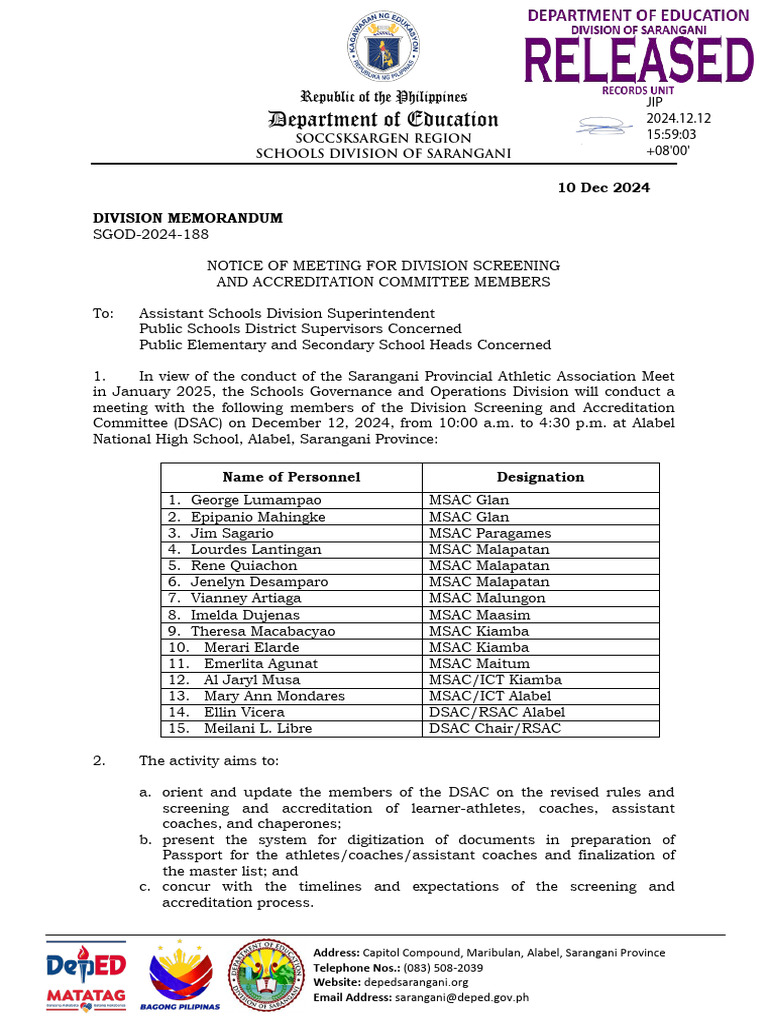 DM Sgod 2024 188 Notice of Meeting For Division Screening and Accreditation Committee Members ...