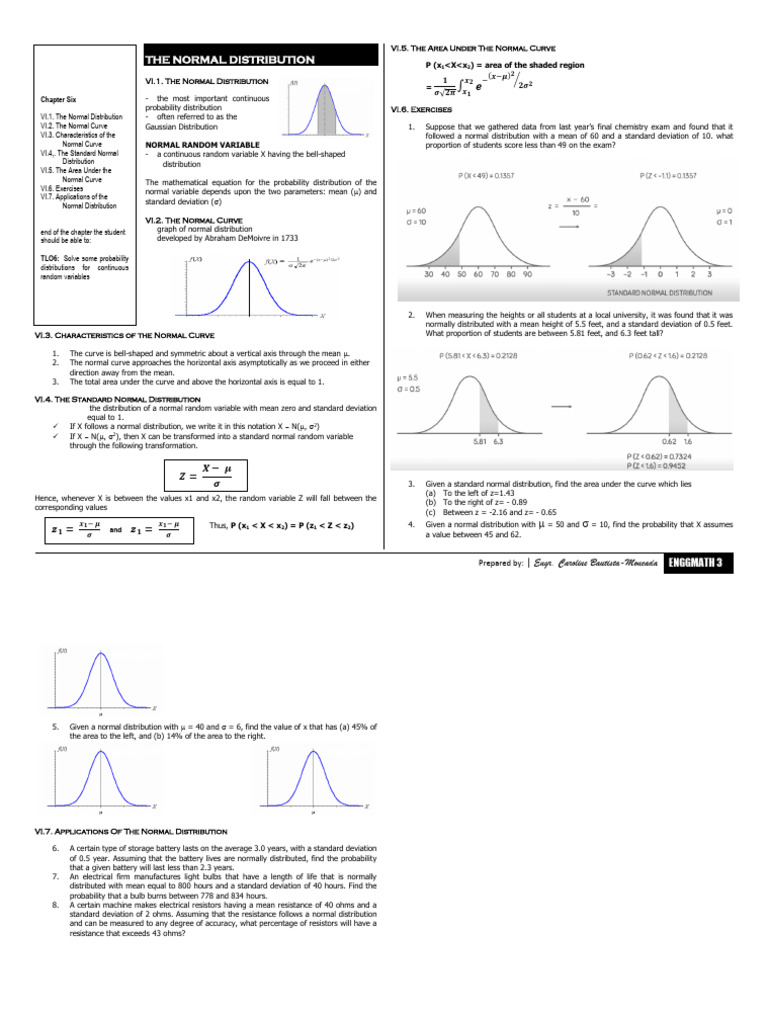 EnggMath 3 Handout No. 6 (Normal Distribution) | PDF | Normal Distribution