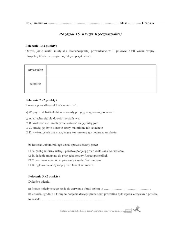 Historia KL 6 Temat 16 Kartkówka Z Odpowiedziami | PDF