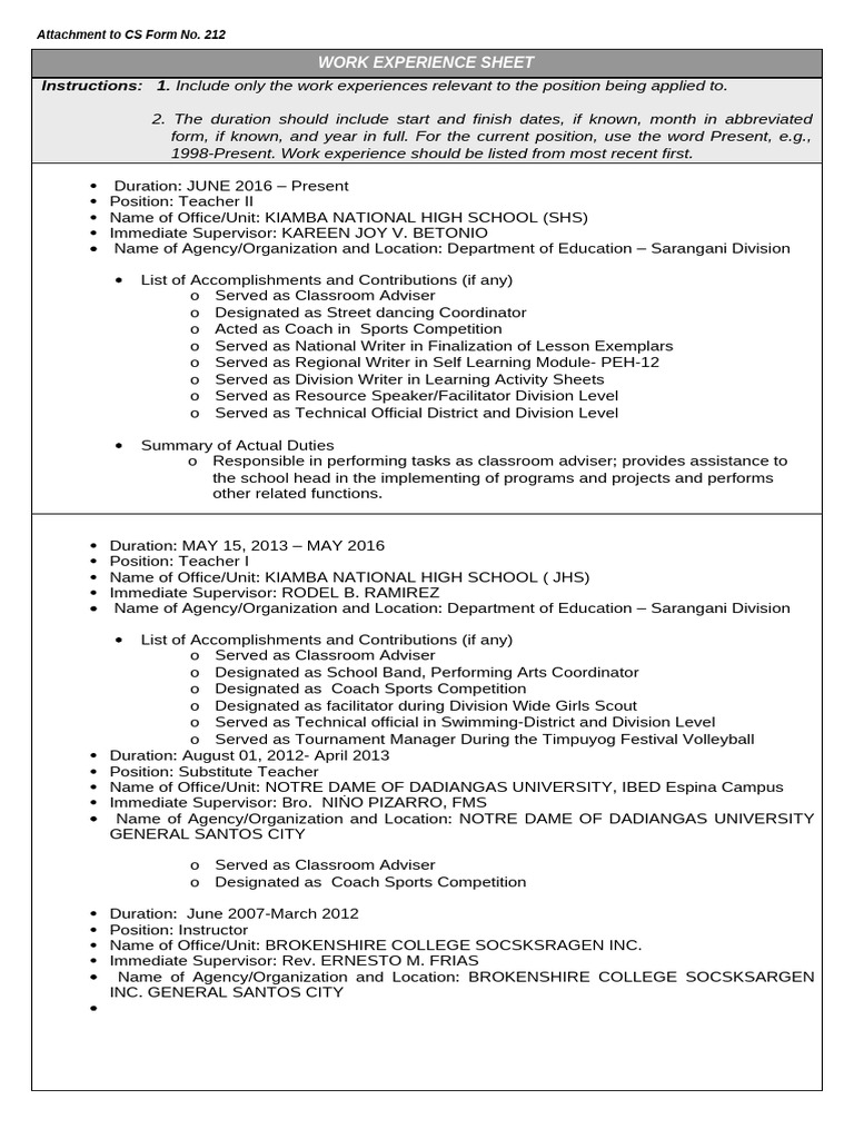 ASOL-WORK-EXPERIENCE-SHEET | PDF | Human Communication | Learning