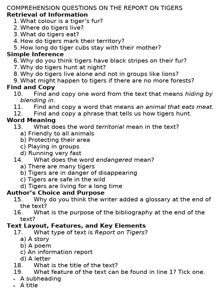 Comprehension Questions On The Report On Tigers and Rabbits | PDF ...