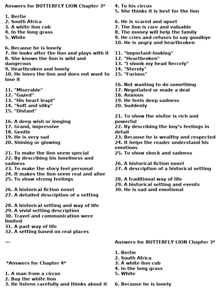 Butterfly Lion Chapter 3 & 4 Answers | PDF