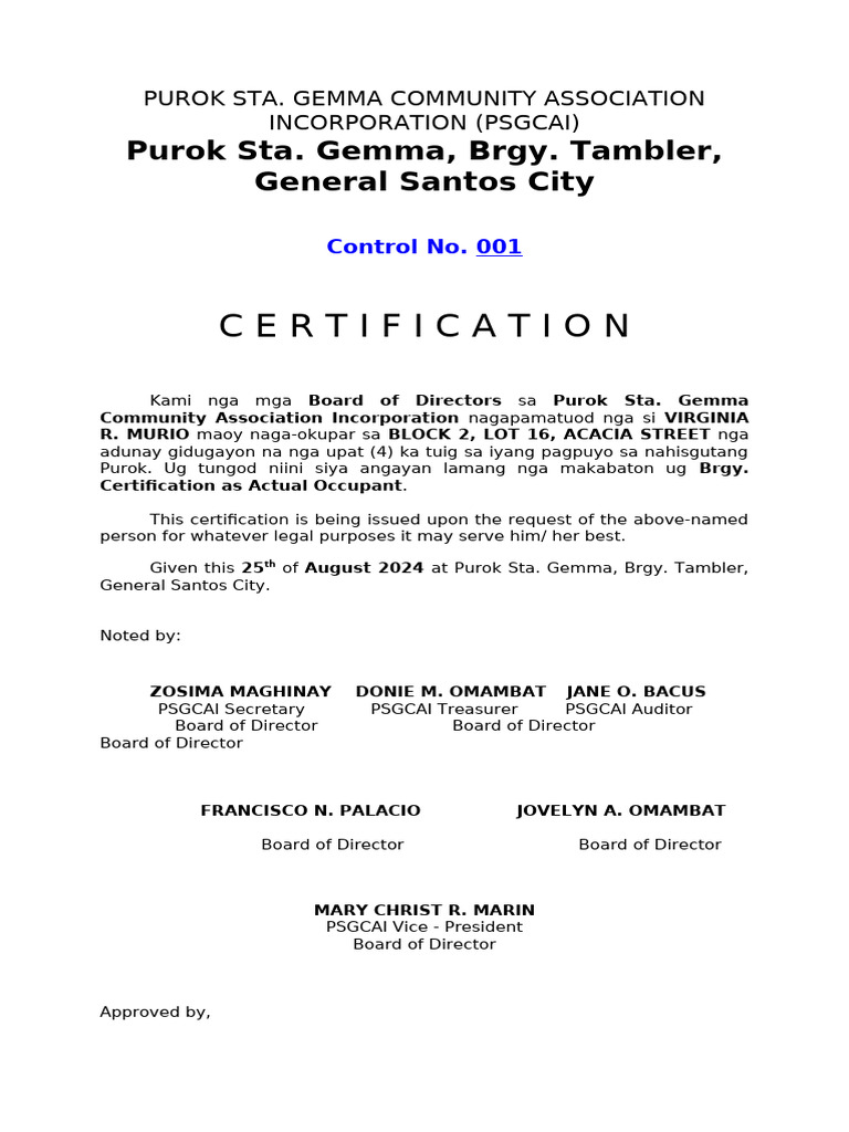 Purok Sta. Gemma PSGCAI Certification | PDF