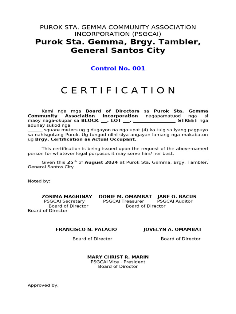 Certification: Purok Sta. Gemma, Brgy. Tambler, General Santos City | PDF