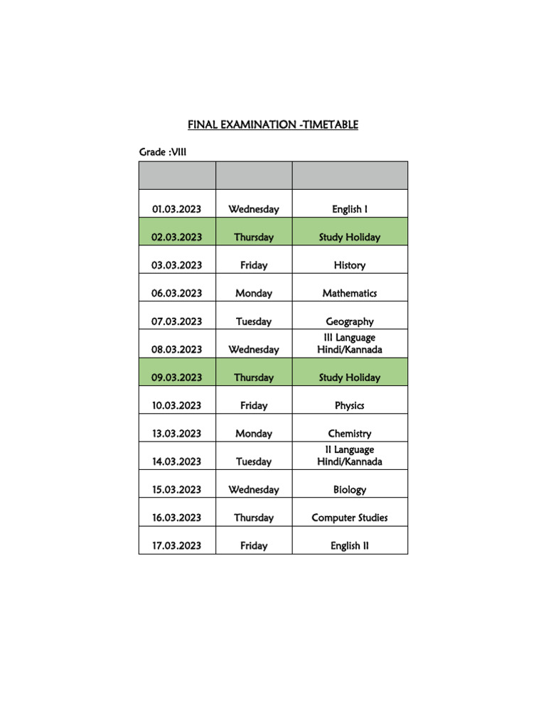 Grade 8 Final Examination Timetable and Portions 1675943020 | PDF | English Language | Linguistics