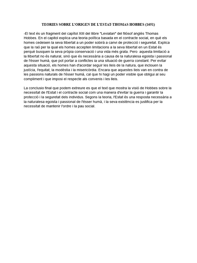 Teories Sobre L'origen de L'estat-Thomas Hobbes (1651) | PDF