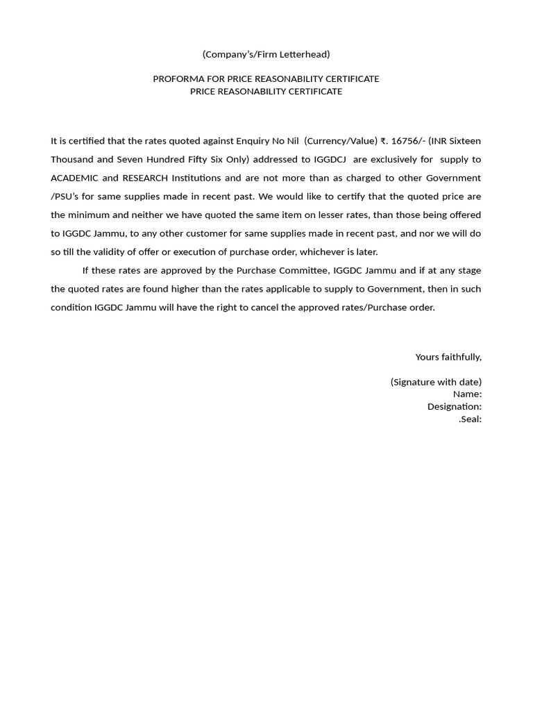Price Reasonability Certificate Template | PDF
